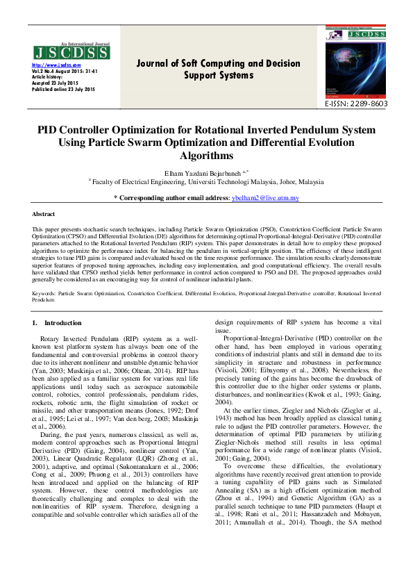 Pdf Pid Controller Optimization For Rotational Inverted Pendulum System Using Particle Swarm