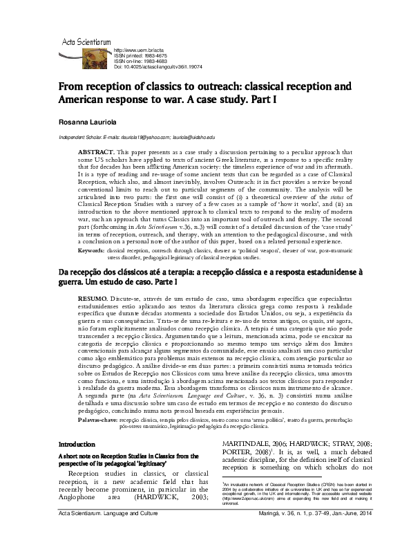 (PDF) From reception of classics to outreach: classical reception and ...