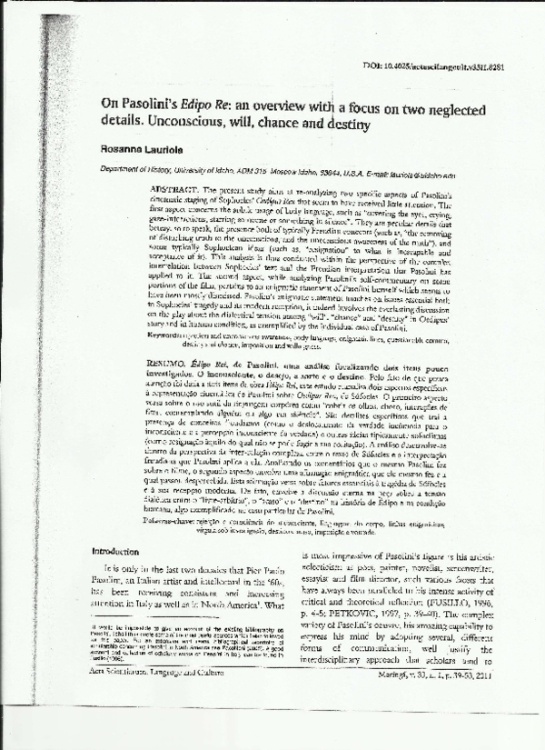 (PDF) On Pasolini's Oedipus Rex: an overview with a focus on two ...