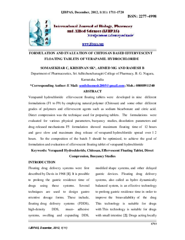 Pdf Formulation And Evaluation Of Chitosan Based Effervescent