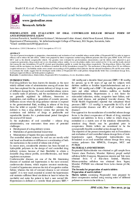 Pdf Formulation And Evaluation Of Oral Controlled Release Dosage Forms Antihyperternsive Agents