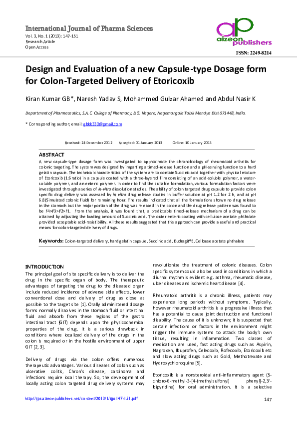 Pdf Design And Evaluation Of A New Capsule Type Dosage Form For Colon Targeted Delivery Of