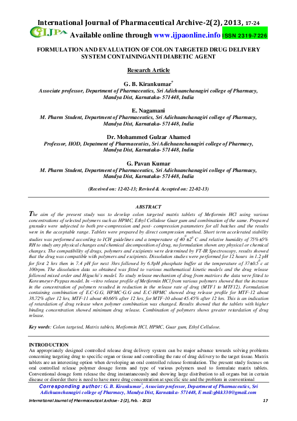 Pdf Formulation And Evaluation Of Colon Targeted Drug Delivery System Containinganti Diabetic