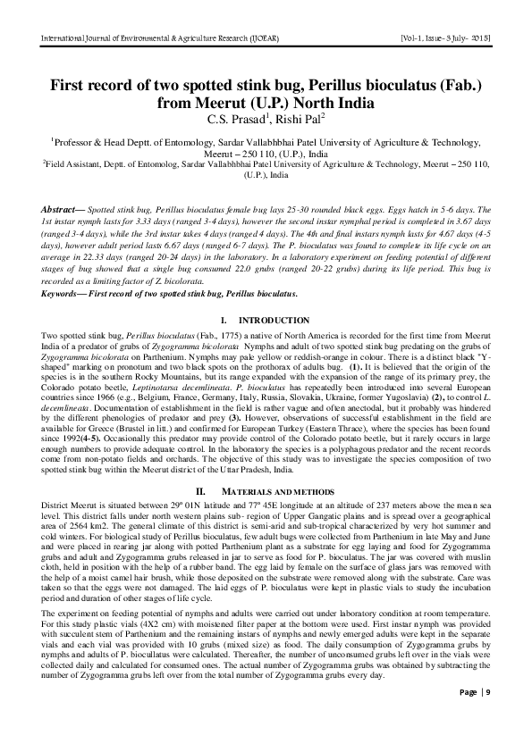 First record of two spotted stink bug, Perillus bioculatus (Fab.) from ...