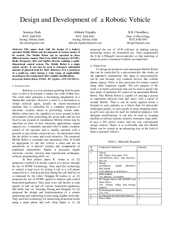 (PDF) Design and Development of a Robotic Vehicle