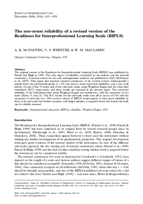 (PDF) The test-retest reliability of a revised version of the Readiness ...