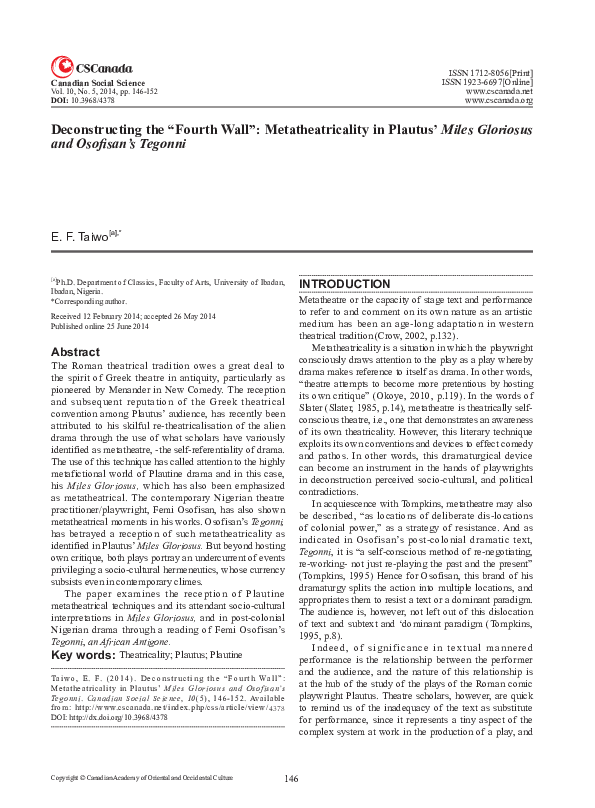 (PDF) Deconstructing the " Fourth Wall " : Metatheatricality in Plautus ...