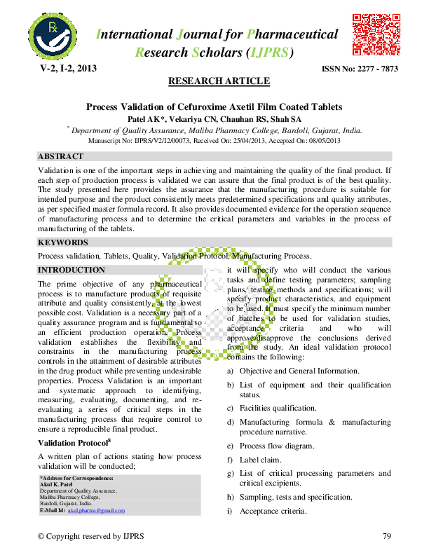 (PDF) Process Validation of Cefuroxime Axetil Film Coated Tablets