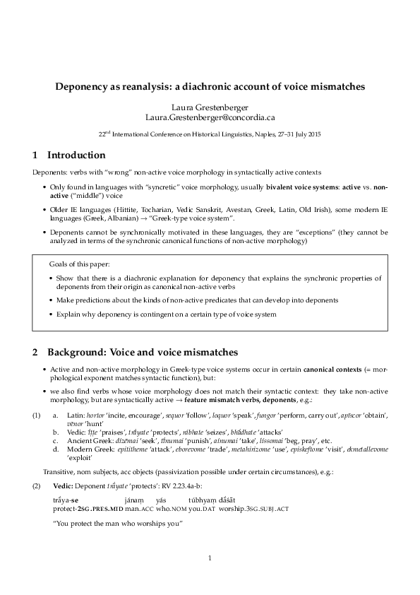 (PDF) Deponency as reanalysis: a diachronic account of voice mismatches