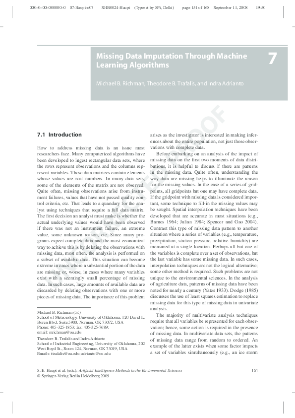 Pdf Missing Data Imputation Through Machine Learning Algorithms