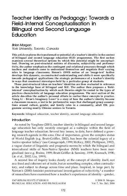 (PDF) Morgan, B. (2004). Teacher identity as pedagogy: Towards a field-internal ...