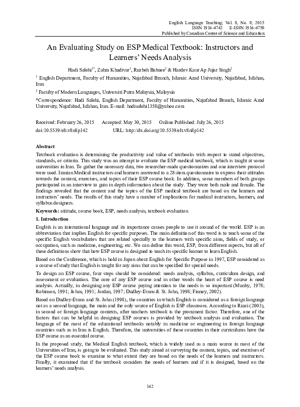 (PDF) An Evaluating Study on ESP Medical Textbook: Instructors and ...