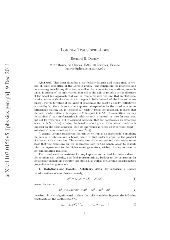 Pdf Lorentz Transformations