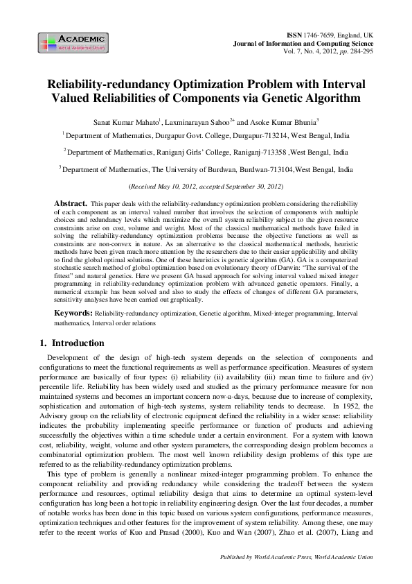 (PDF) Reliability-redundancy Optimization Problem with Interval Valued Reliabilities of ...