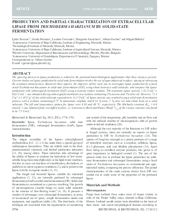 (PDF) ProductIon and partIal characterIzatIon of extracellular lIPase from Trichoderma harzianum ...