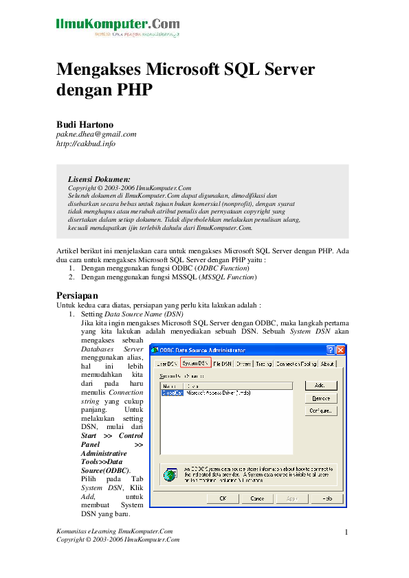 (PDF) Mengakses Microsoft SQL Server dengan PHP Dengan ODBC (Open ... (PDF) Mengakses Microsoft SQL Server dengan PHP Dengan ODBC (Open ...