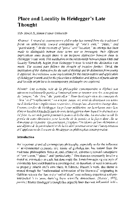 (PDF) PLace and Locality in Heidegger's Late Thought | Ian Angus ...