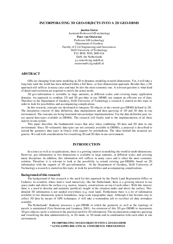 Pdf Incorporating 3d Geo Objects Into A 2d Geo Dbms