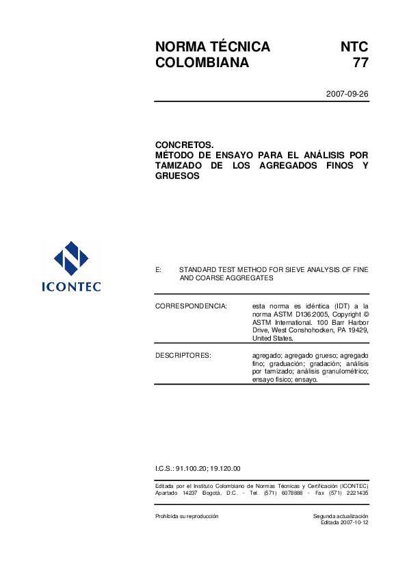 (PDF) NORMA TÉCNICA NTC COLOMBIANA 77 CONCRETOS. MÉTODO DE ENSAYO PARA EL ANÁLISIS POR TAMIZADO ...