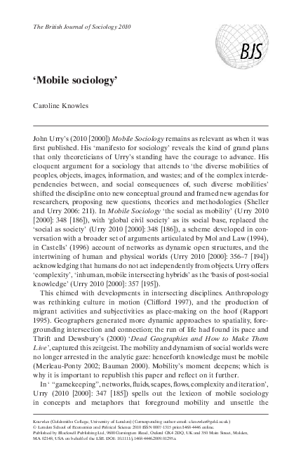 (PDF) Caroline Knowles (2010) 'Mobile Sociology' Commentary on John ...