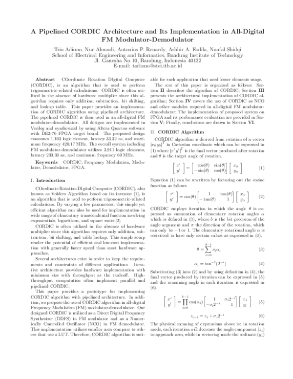 A Pipelined Cordic Architecture And Its Implementation In All Digital Fm Modulator Demodulator