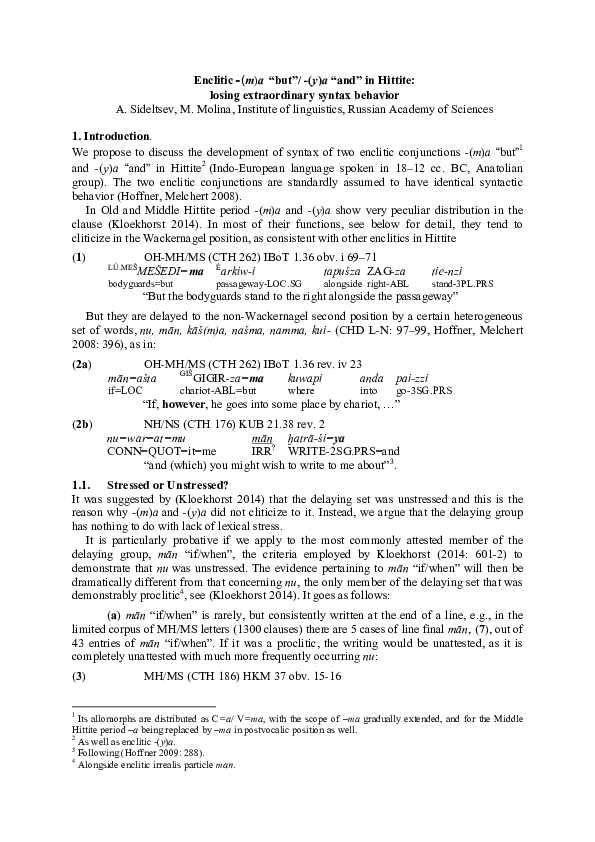 (PDF) Enclitic -(m)a "but"/-(y)a "and" in Hittite: Losing Extraordinary ...