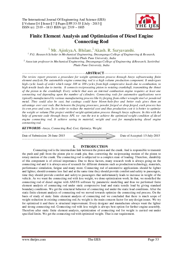(PDF) Finite Element Analysis and Optimization of Diesel Engine Connecting Rod