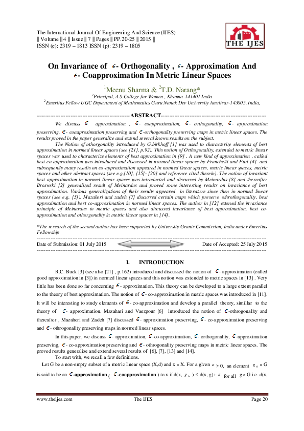 (PDF) On Invariance of - Orthogonality , - Approximation And - Coapproximation In Metric Linear ...