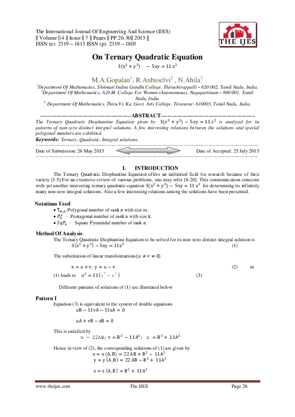 (PDF) On Ternary Quadratic Equation