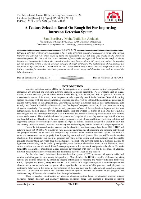 Pdf A Feature Selection Based On Rough Set For Improving Intrusion Detection System