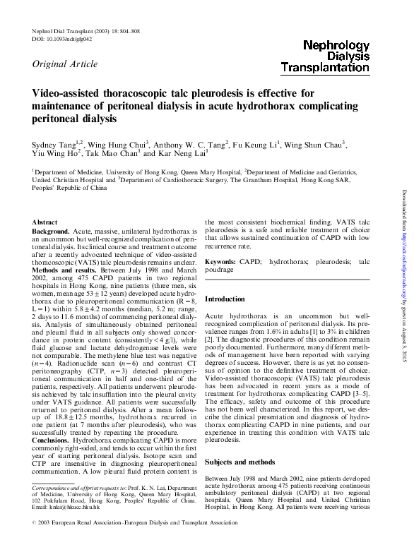 (PDF) Video-assisted thoracoscopic talc pleurodesis is effective for ...