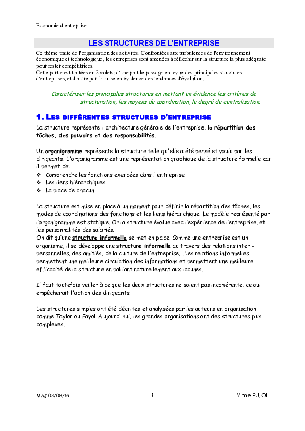 (DOC) LES STRUCTURES DE L'entreprise (DOC) LES STRUCTURES DE L'entreprise