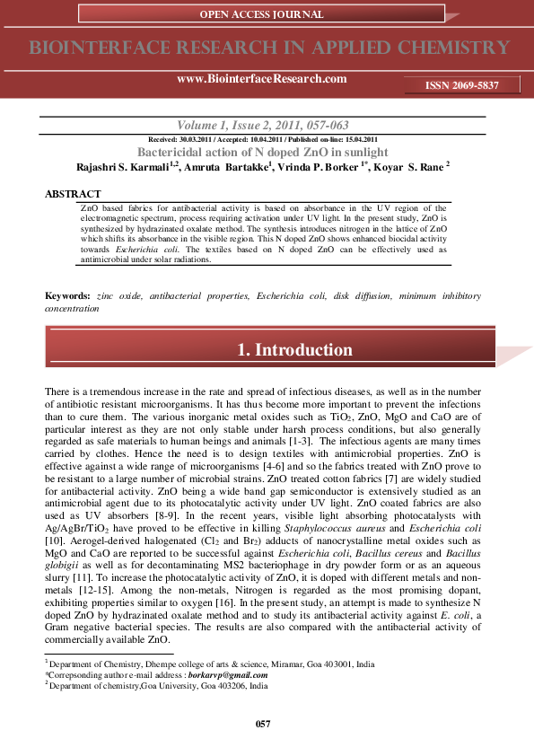 (PDF) Bactericidal action of N doped ZnO in sunlight Biointerface ...
