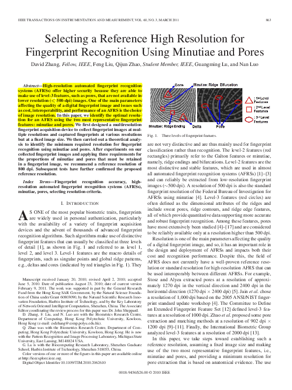 (PDF) Selecting a Reference High Resolution for Fingerprint Recognition Using Minutiae and Pores