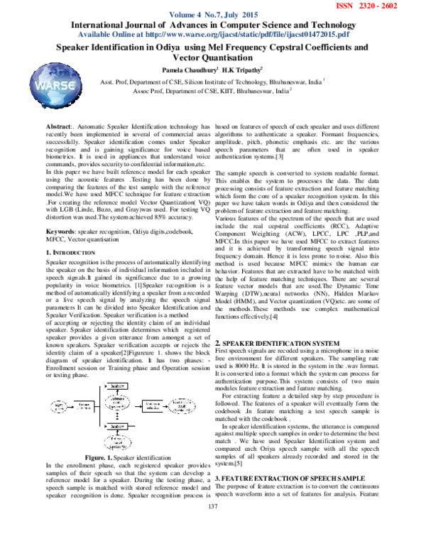 Pdf Speaker Identification In Odiya Using Mel Frequency Cepstral