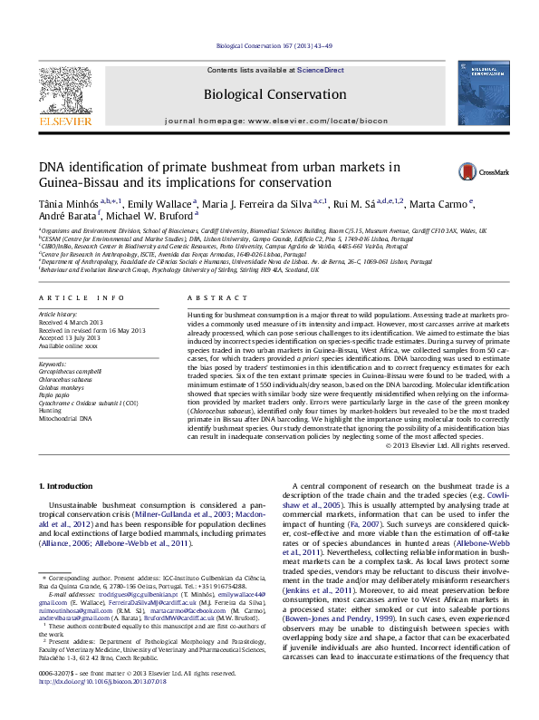 (PDF) DNA identification of primate bushmeat from urban markets in ...