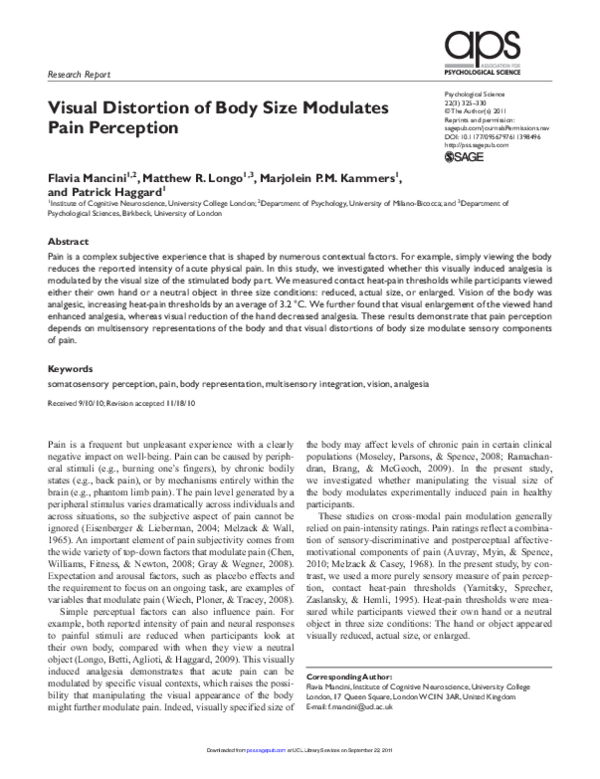 (PDF) Visual distortion of body size modulates pain perception