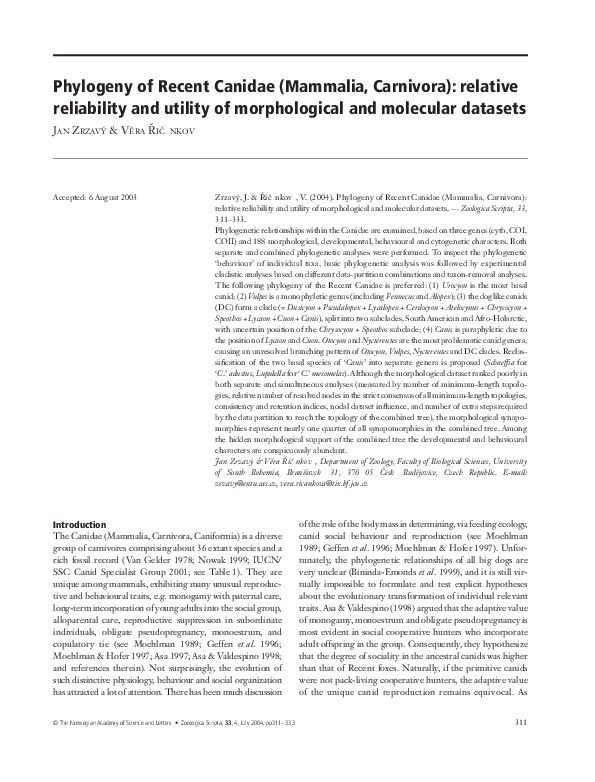 (PDF) Phylogeny of Recent Canidae (Mammalia, Carnivora): relative ...