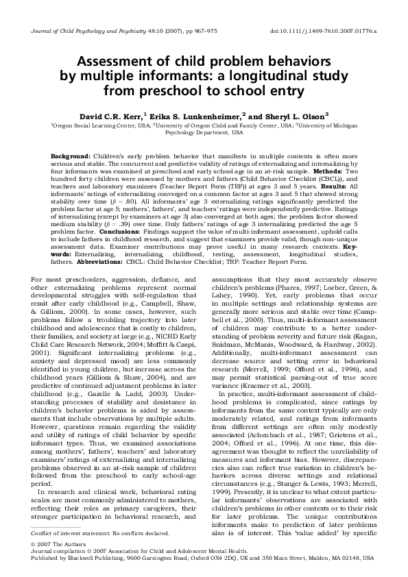 (PDF) Assessment of child problem behaviors by multiple informants: a ...