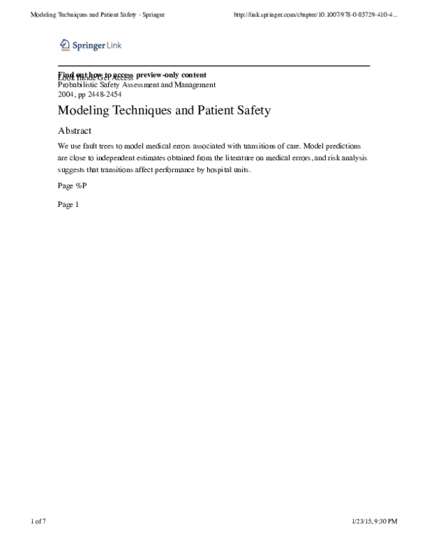 (PDF) Modeling Techniques and Patient Safety
