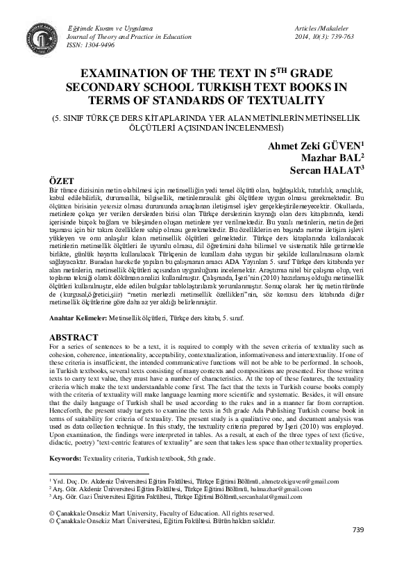 (PDF) EXAMINATION OF THE TEXT IN 5TH GRADE SECONDARY SCHOOL TURKISH TEXT BOOKS IN TERMS OF ...