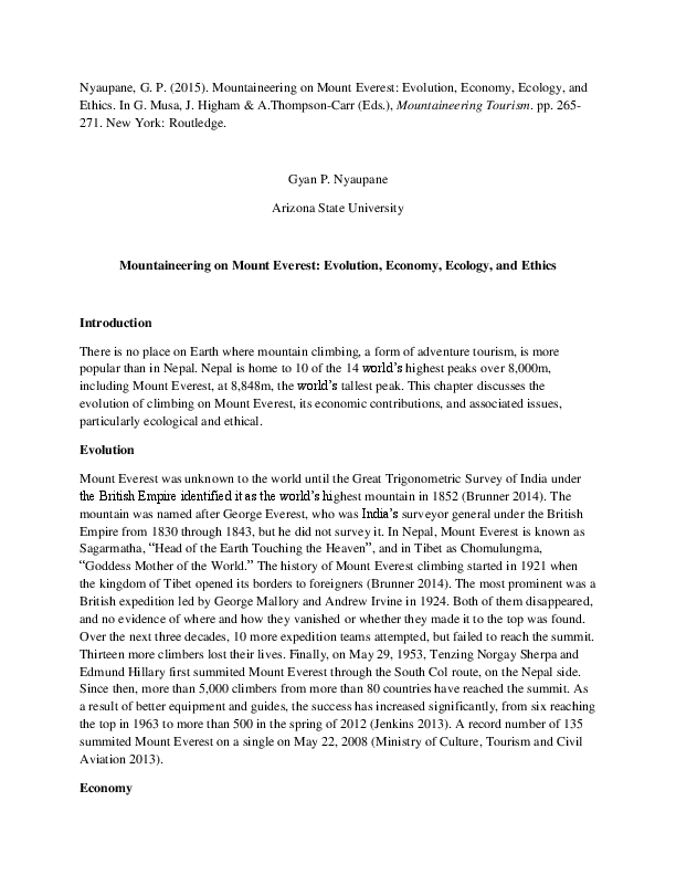 (PDF) Mountaineering on Mount Everest: Evolution, Economy, Ecology, and ...