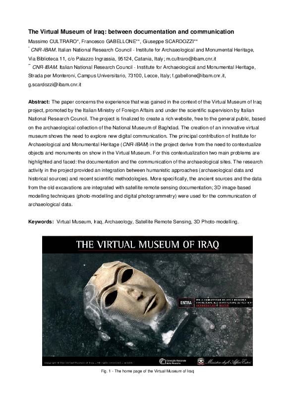 (PDF) The Virtual Museum of Iraq: between documentation and communication