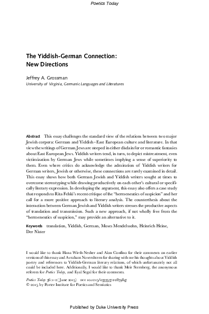 (PDF) The Yiddish-German Connection: New Directions (in >>Poetics Today