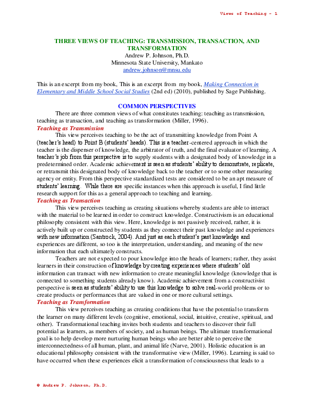 (PDF) TEACHING MODELS: TRANSMISSION, TRANSACTION, AND TRANSFORMATION