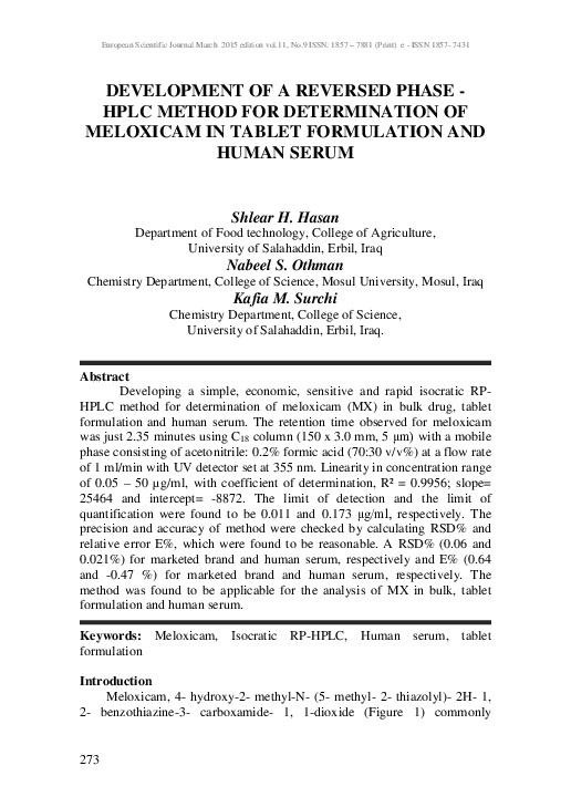 Development Of A Reversed Phase Hplc Method For Determination Of Meloxicam In Tablet