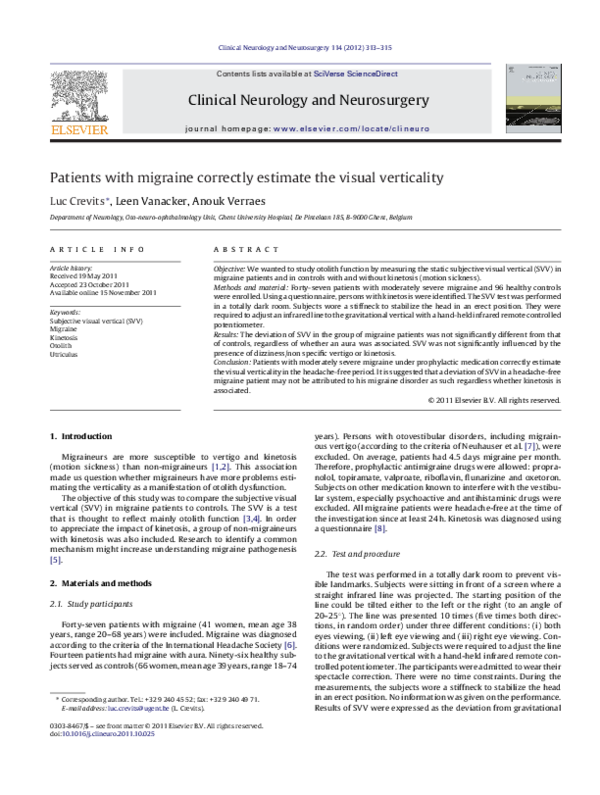 (PDF) Patients with migraine correctly estimate the visual verticality