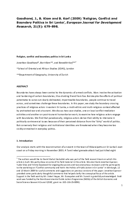 (PDF) Religion, Conflict and Boundary Politics in Sri Lanka | Benedikt ...