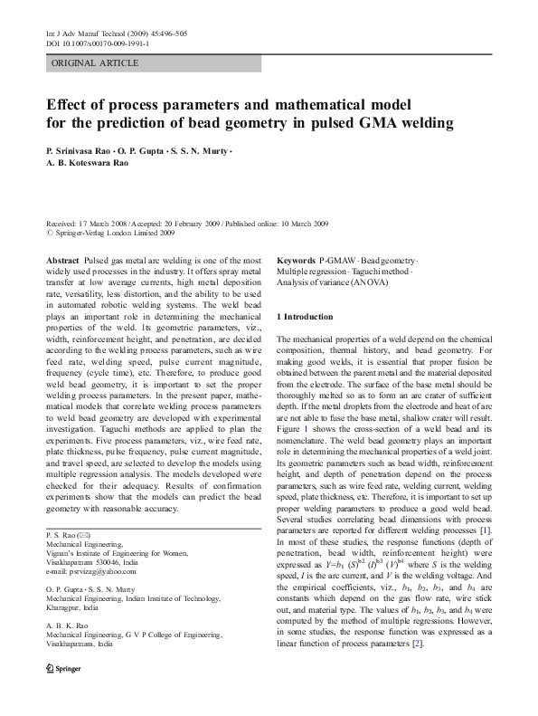 (PDF) Effect of process parameters and mathematical model for the prediction of bead geometry in ...