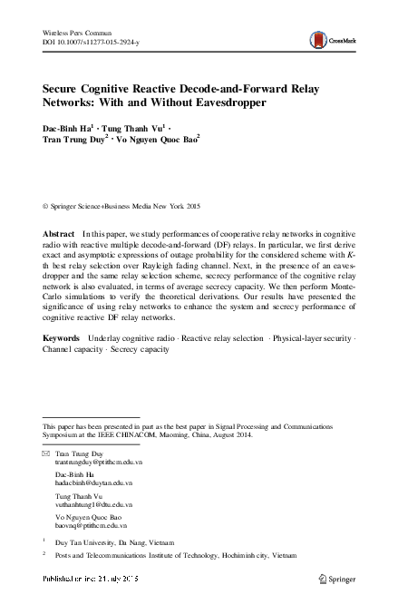 Pdf Secure Cognitive Reactive Decode And Forward Relay Networks With And Without Eavesdropper